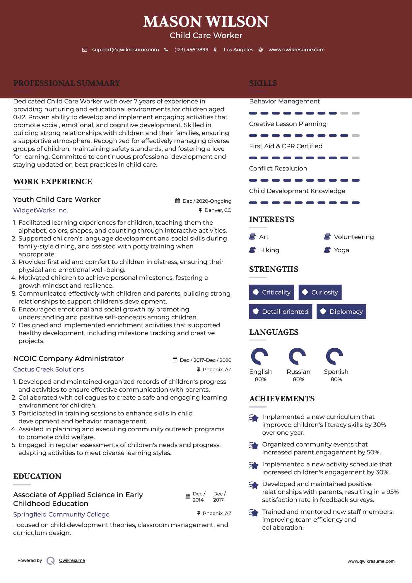 Child Care Worker Resume Samples QwikResume