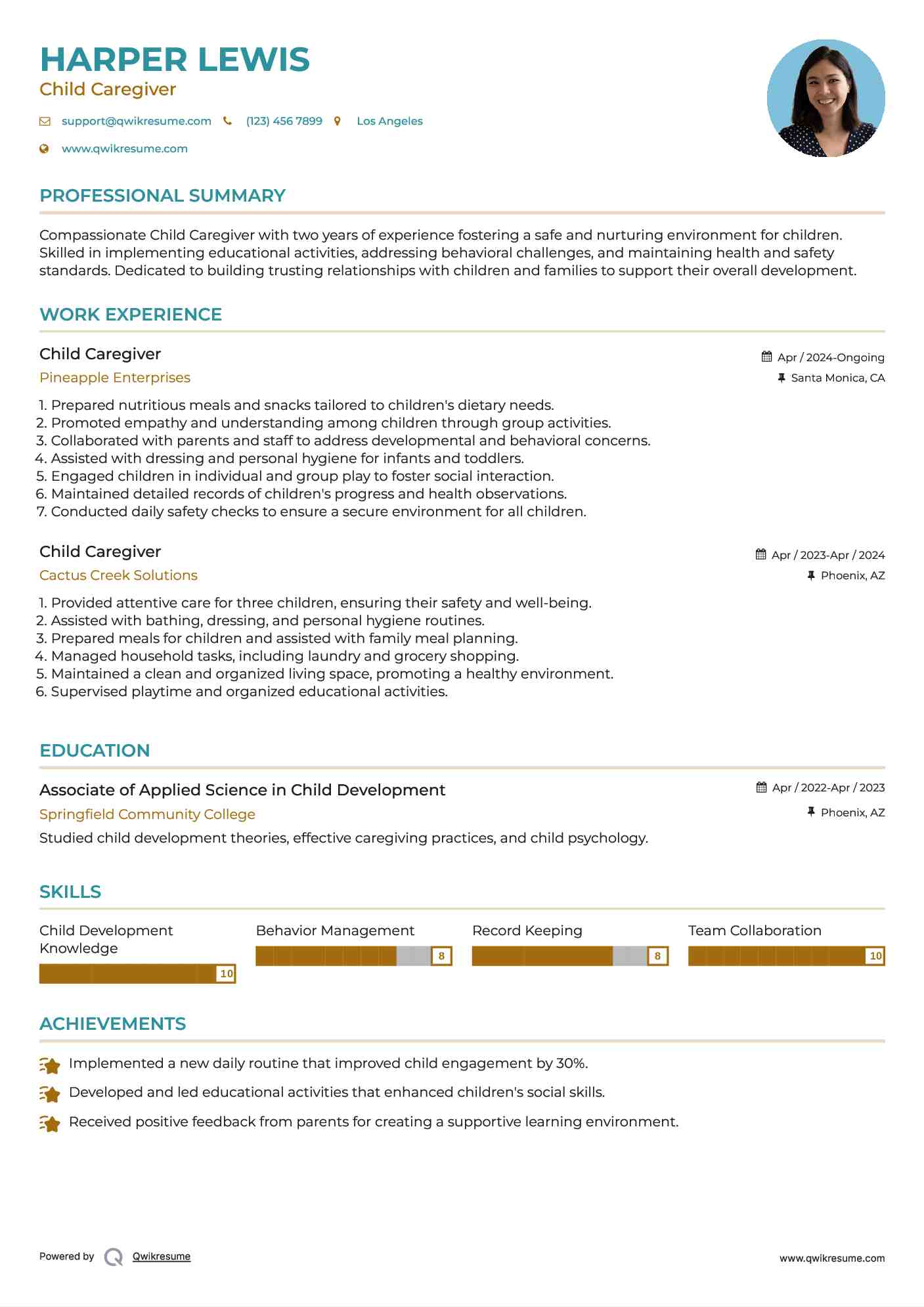 Child Caregiver Resume Samples QwikResume