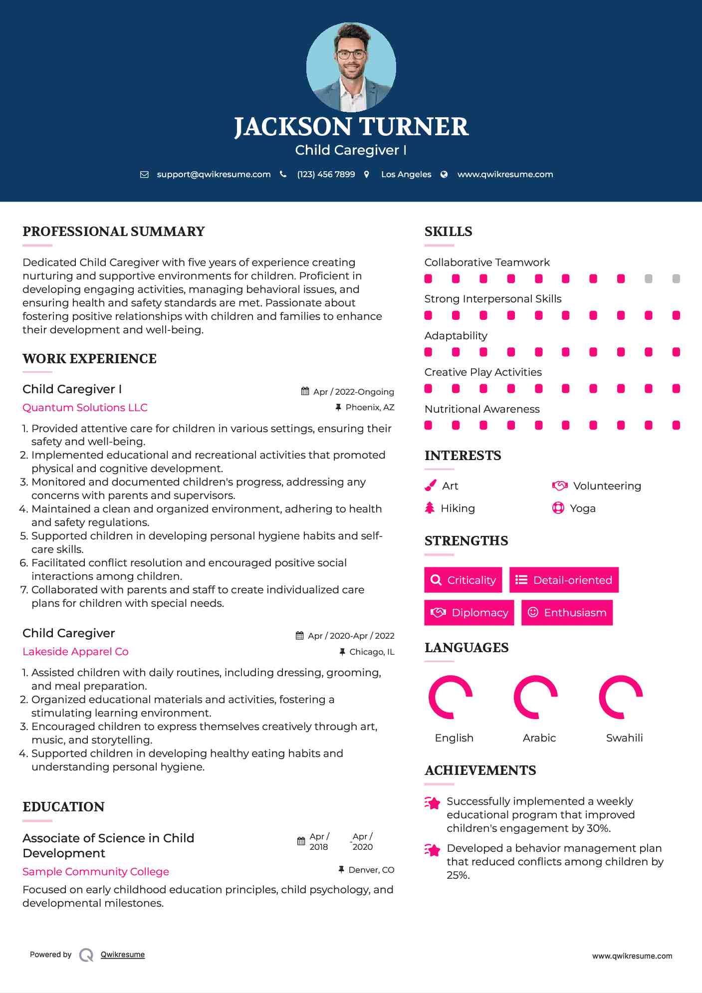 Child Caregiver Resume Samples QwikResume