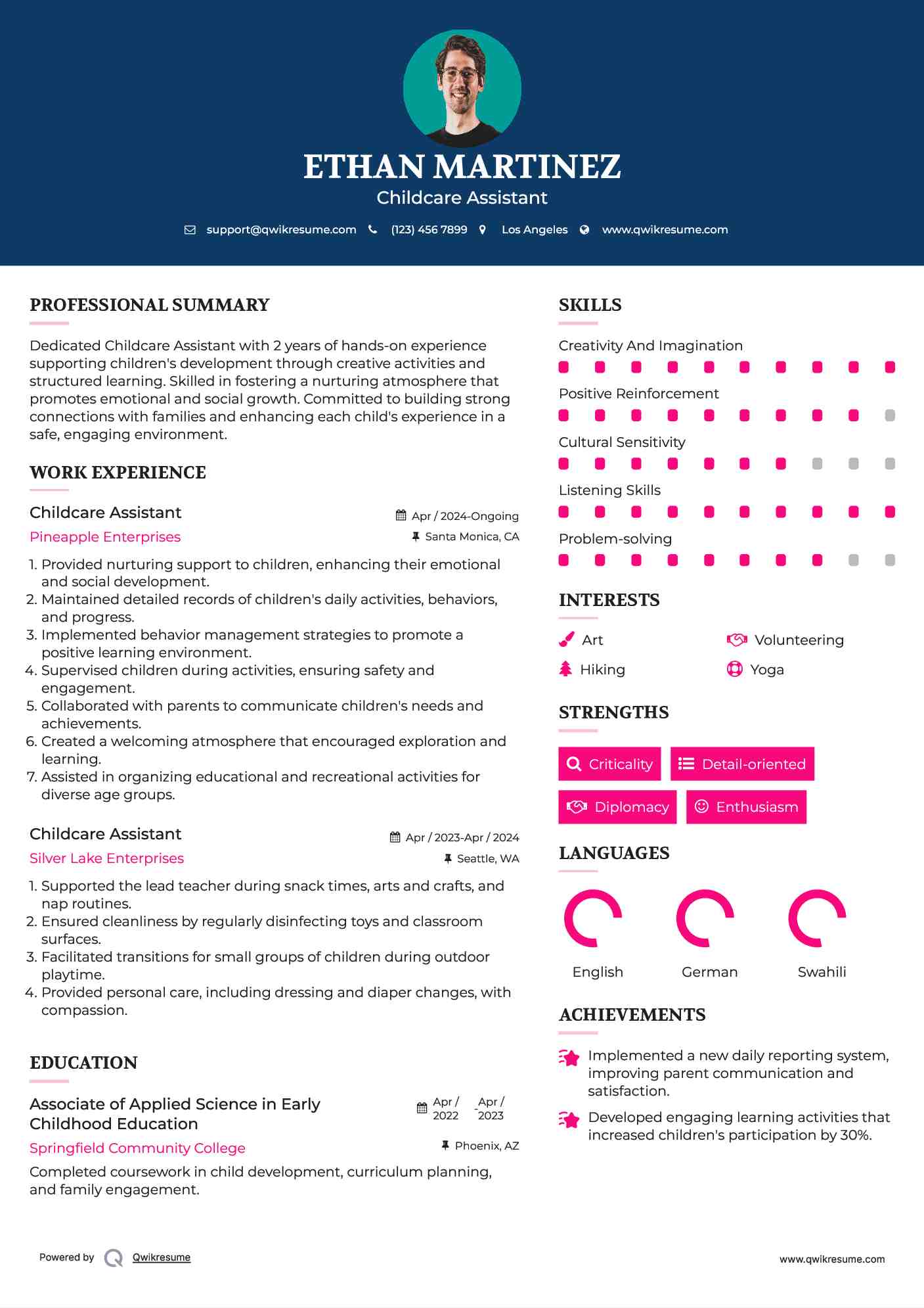 Childcare Assistant Resume Samples QwikResume