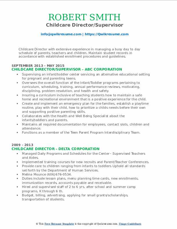 Child Care Director Resume