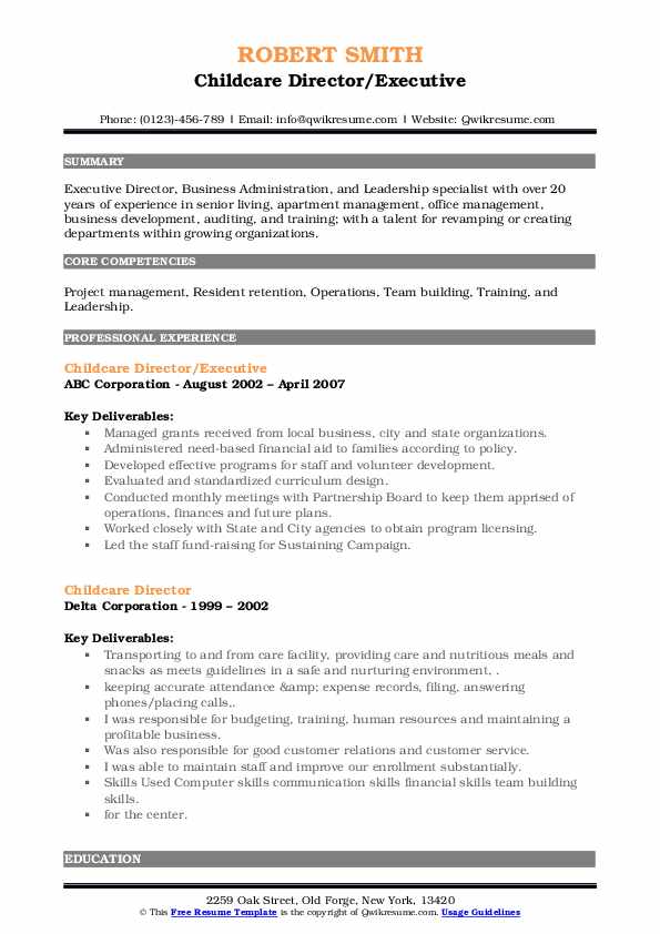 Child Care Director Resume