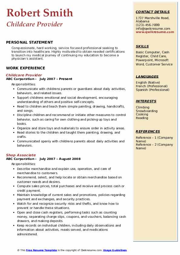 Child Care Resume Templates Free Printable Templates