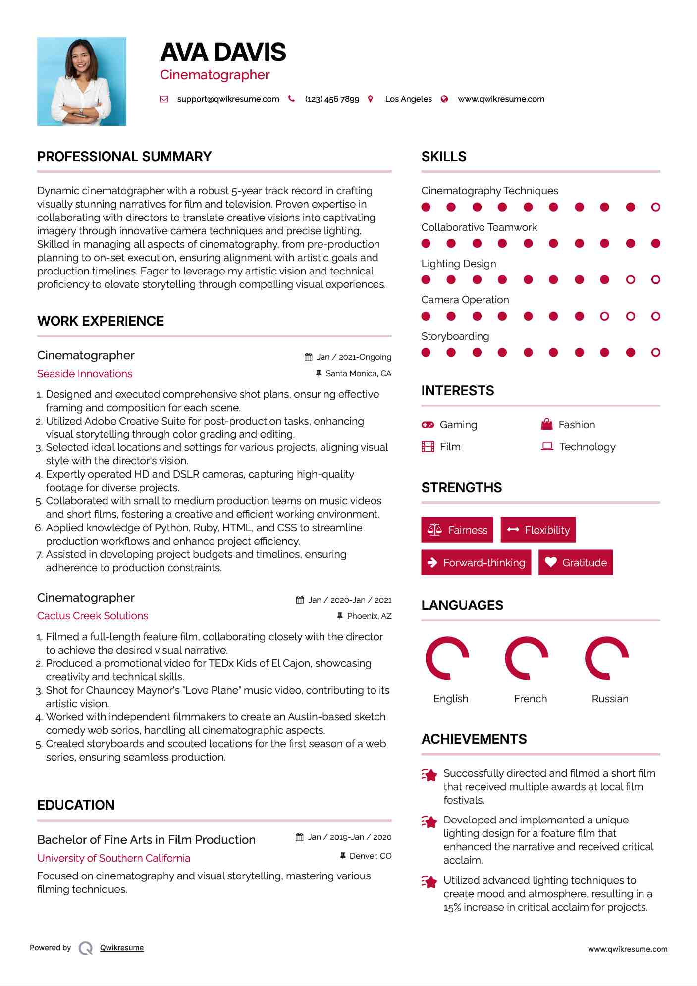 Cinematographer Resume Samples QwikResume