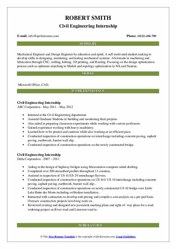 Civil Engineering Internship Resume Samples | QwikResume