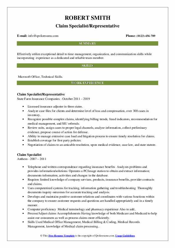 Claims Specialist Resume Samples | QwikResume
