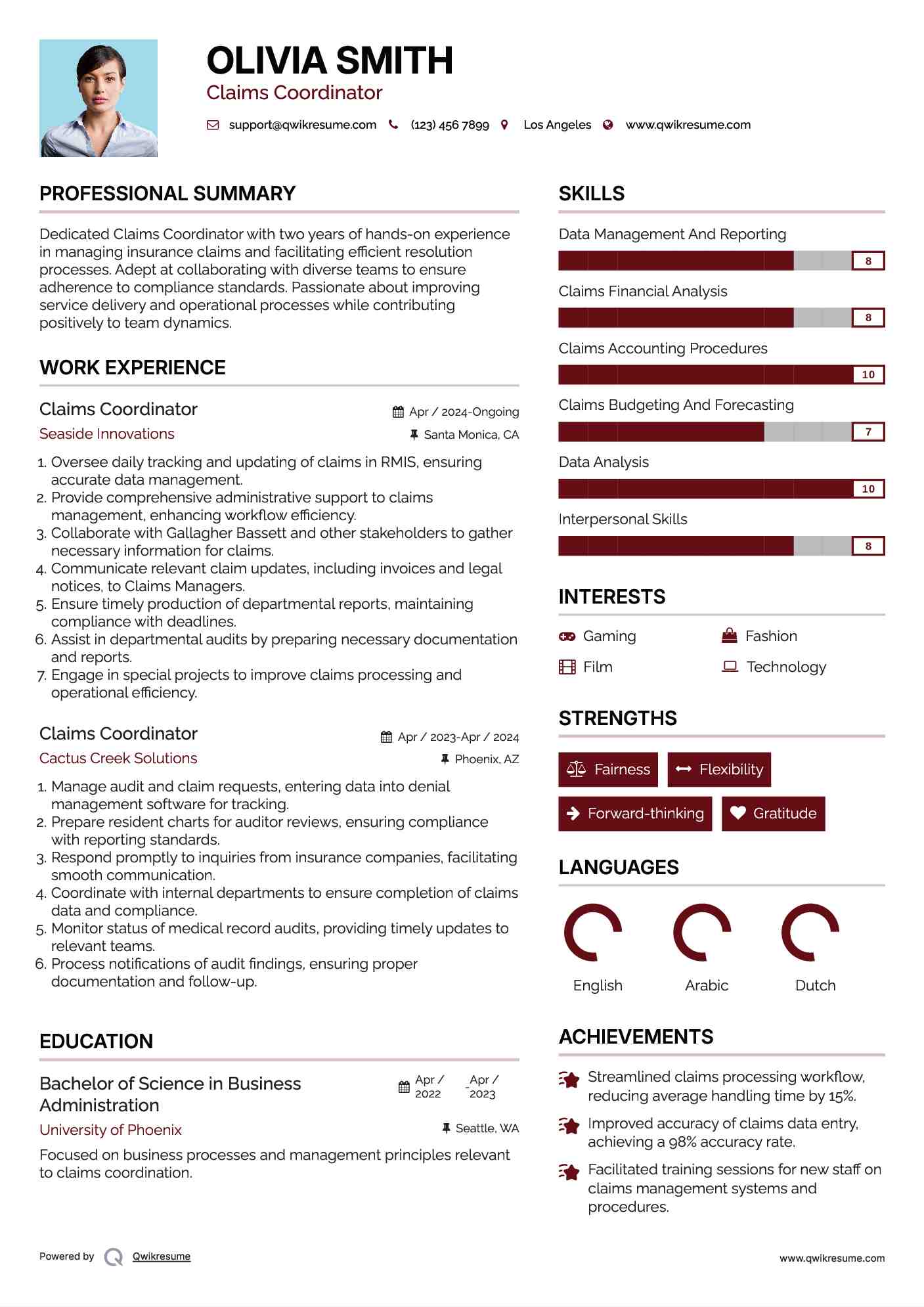 Claims Coordinator Resume Samples | QwikResume