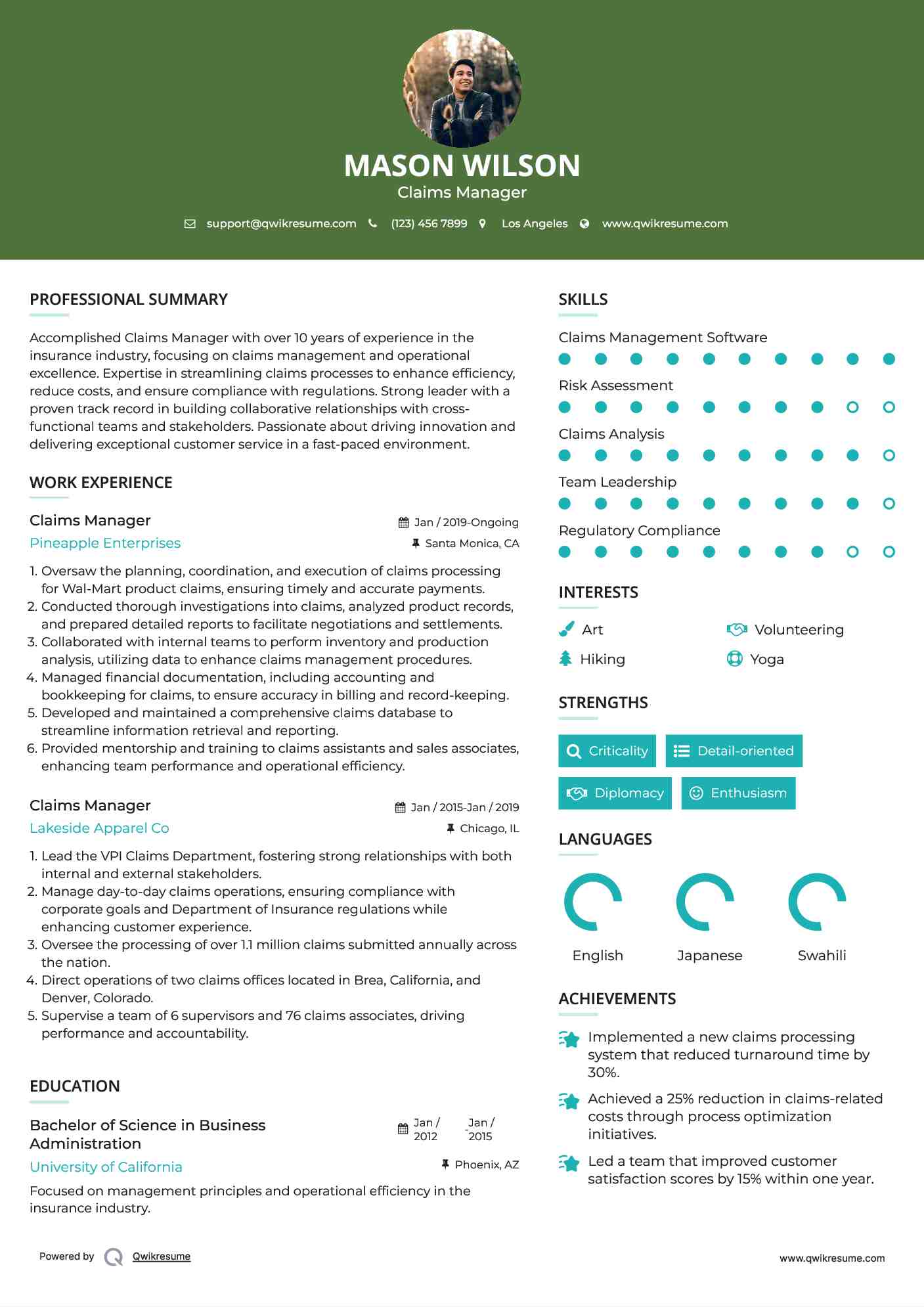 Claims Manager Resume Samples QwikResume