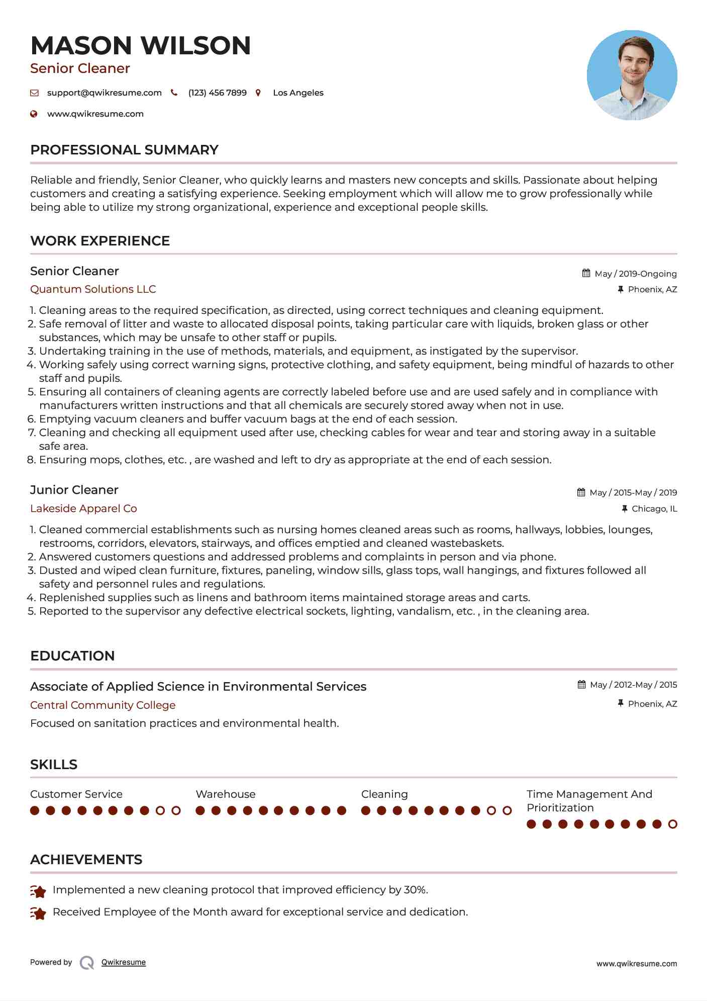 Cleaner Resume Samples QwikResume