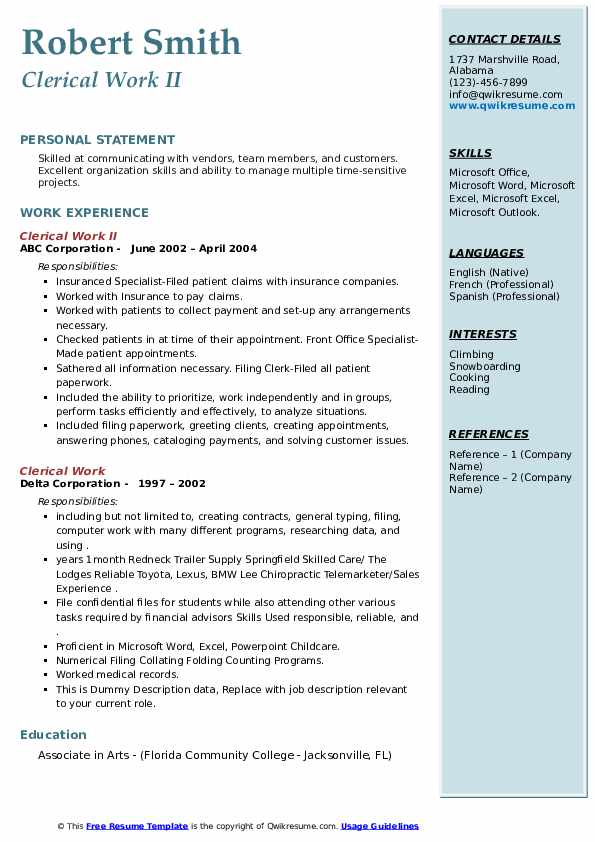 Clerical Work Resume Samples | QwikResume
