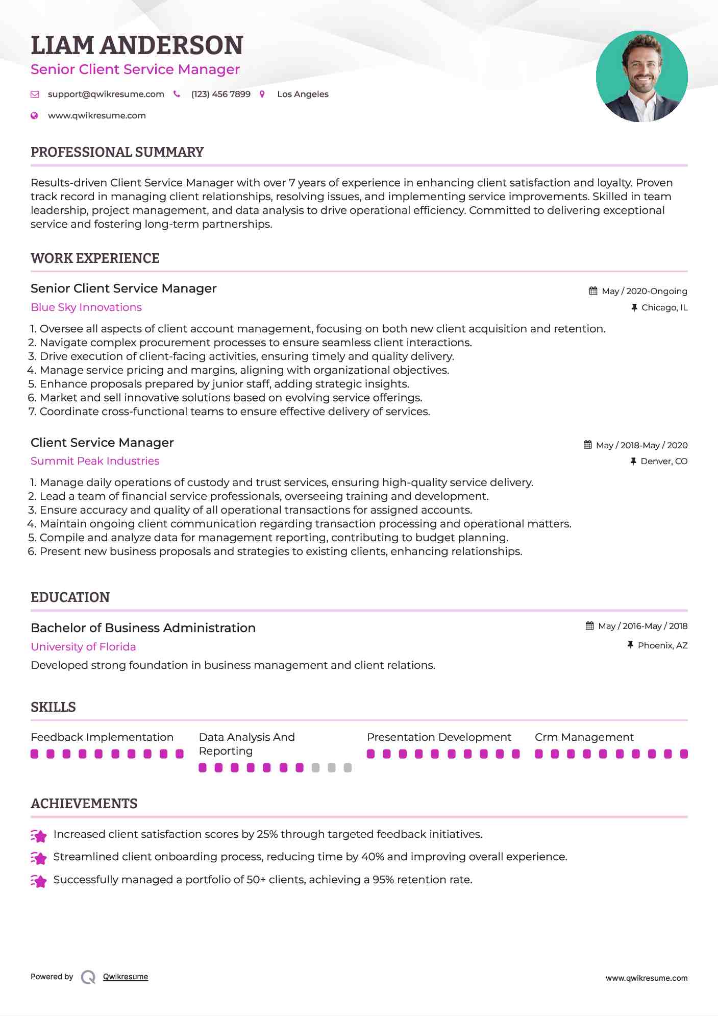 Client Service Manager Resume Samples QwikResume