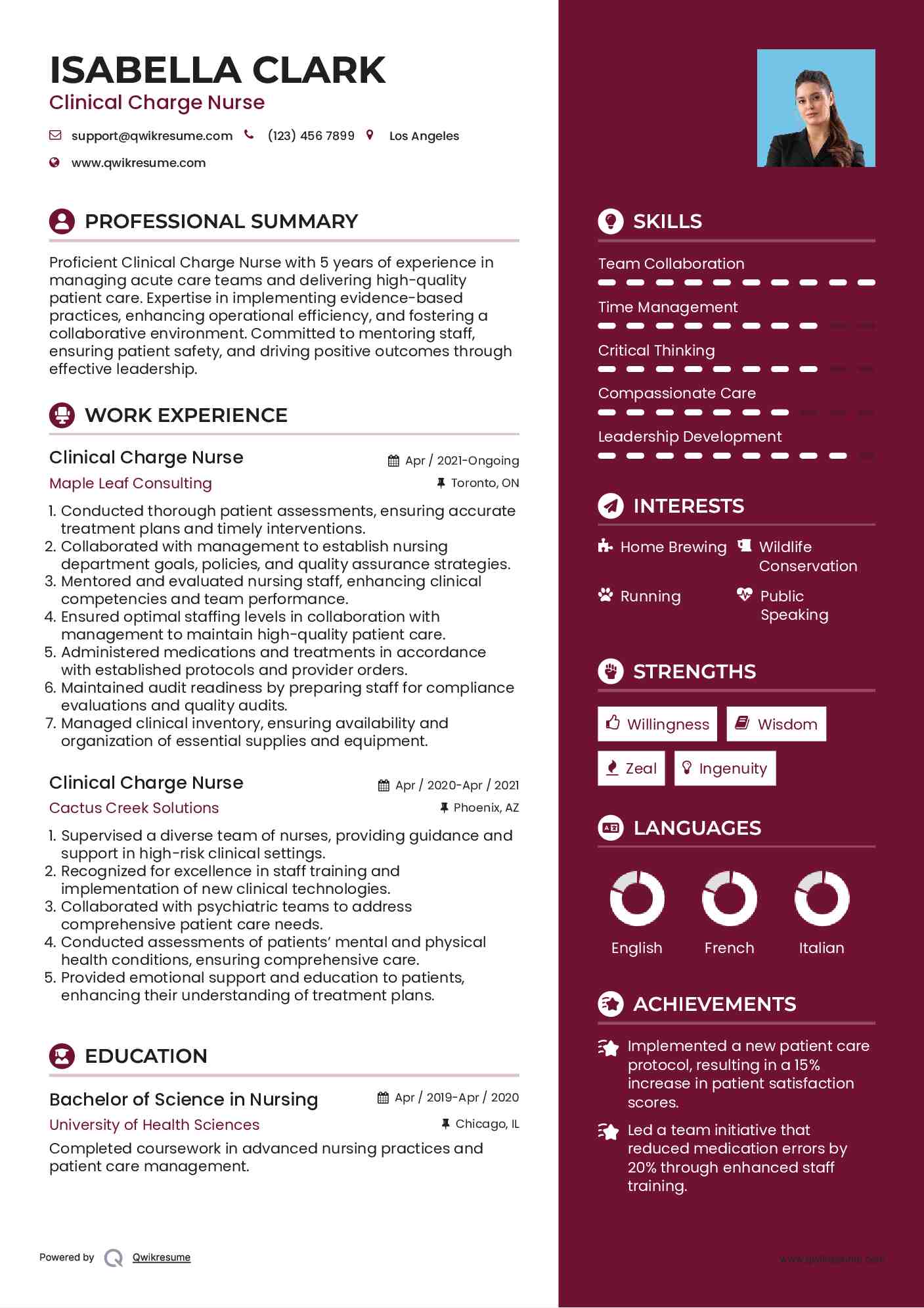 Clinical Charge Nurse Resume Samples QwikResume
