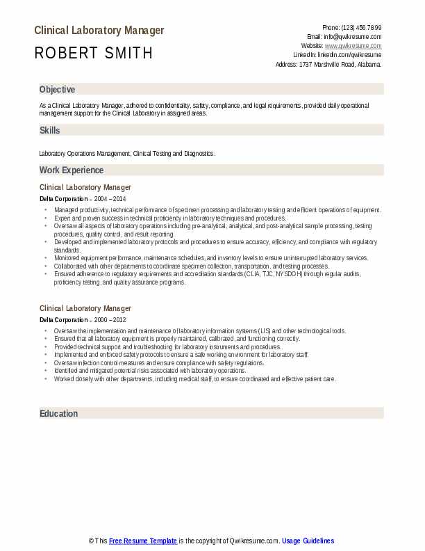 Clinical Laboratory Manager Resume Samples | QwikResume