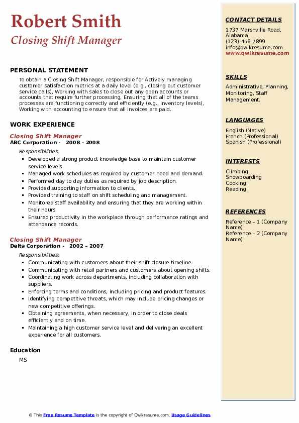Closing Shift Manager Resume Samples | QwikResume