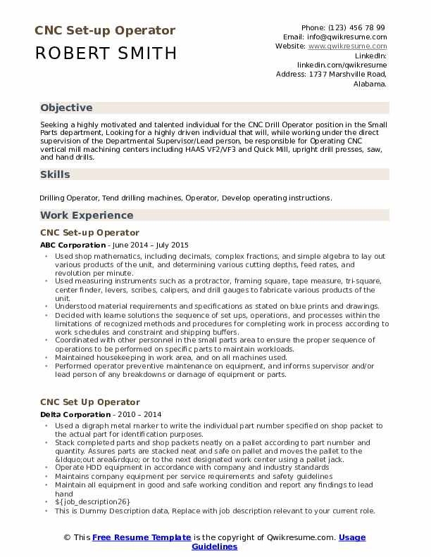 CNC Set Up Operator Resume Samples | QwikResume