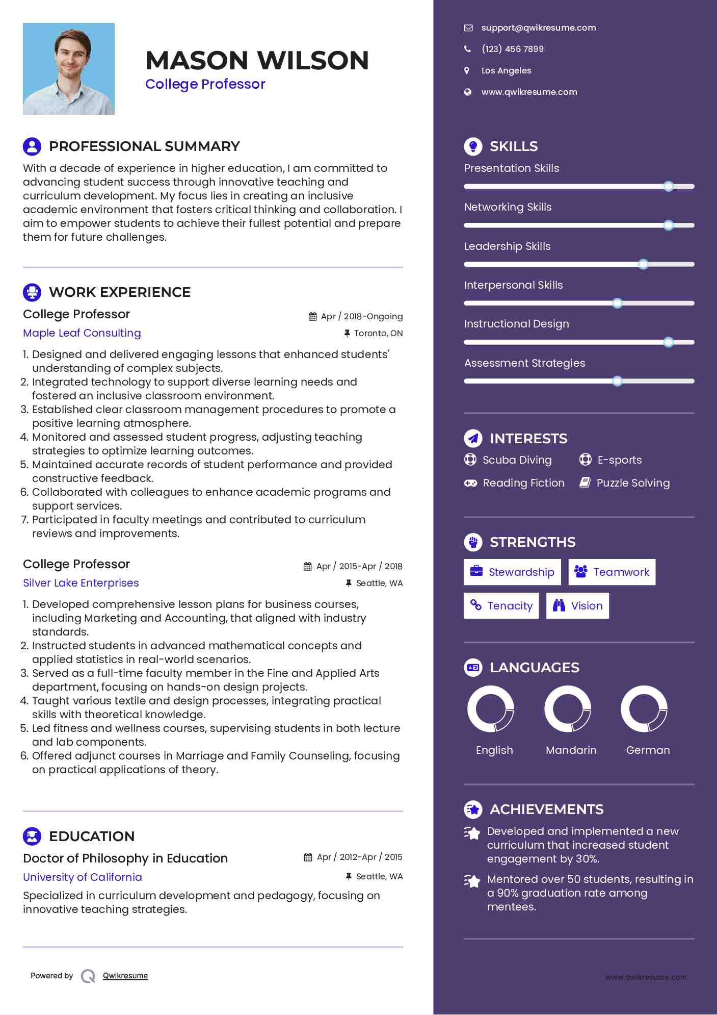 College Professor Resume Samples QwikResume