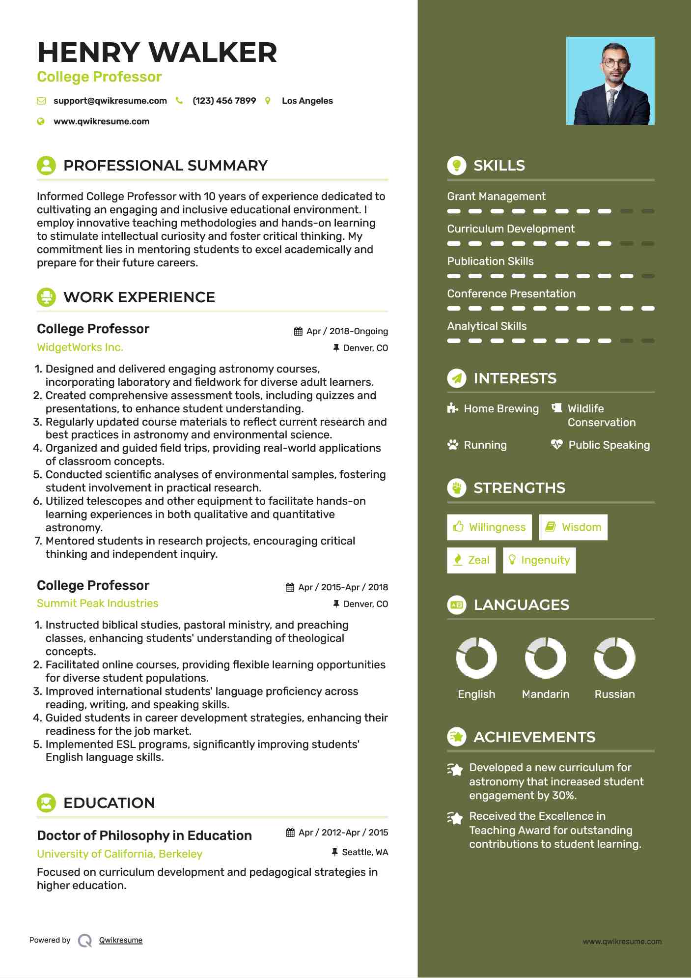 College Professor Resume Samples QwikResume