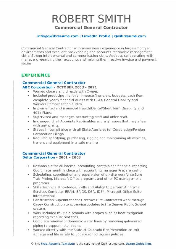 Commercial General Contractor Resume Samples | QwikResume