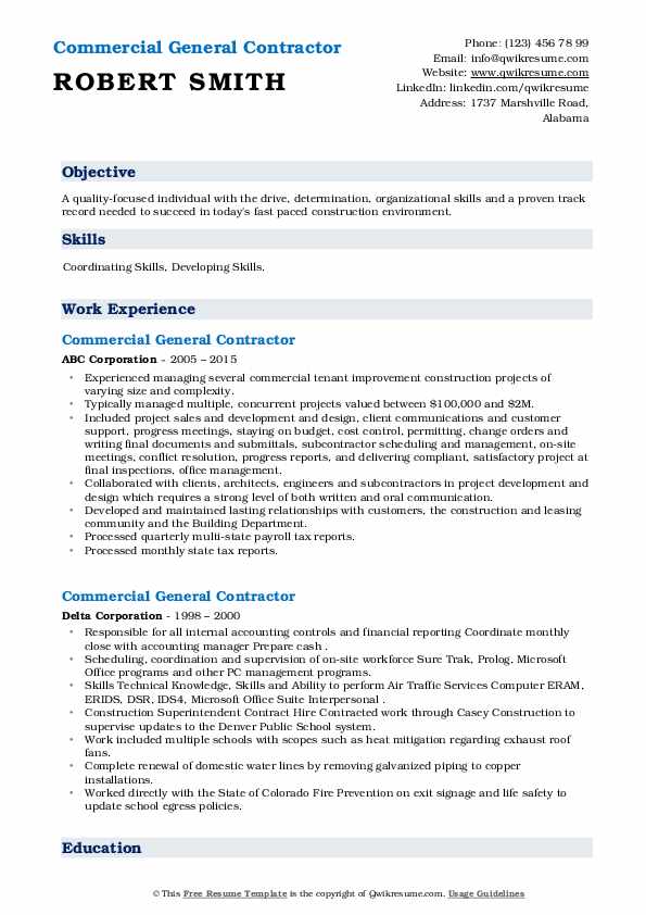 Commercial General Contractor Resume Samples | QwikResume