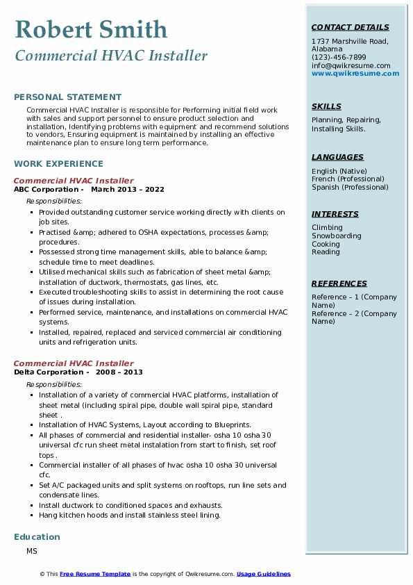 Commercial HVAC Installer Resume Samples | QwikResume