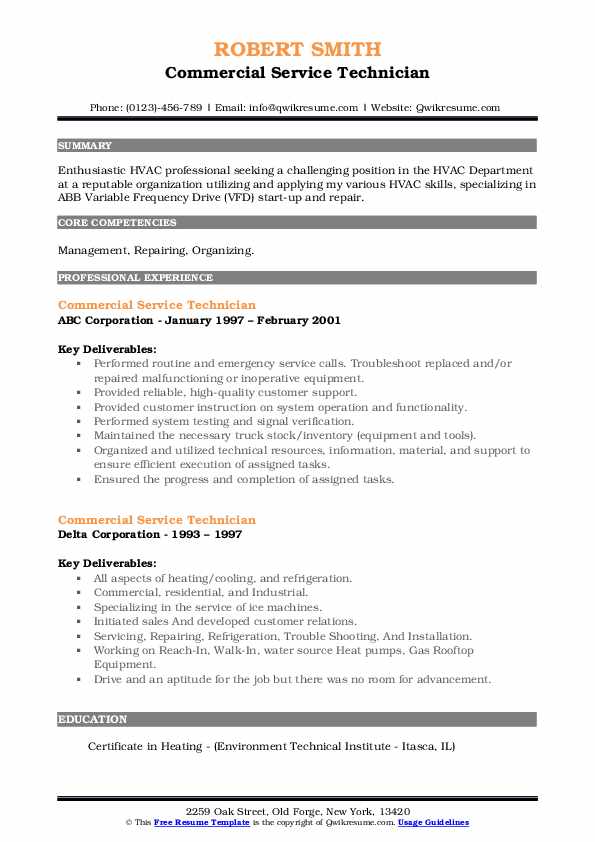 Commercial Service Technician Resume Samples | QwikResume
