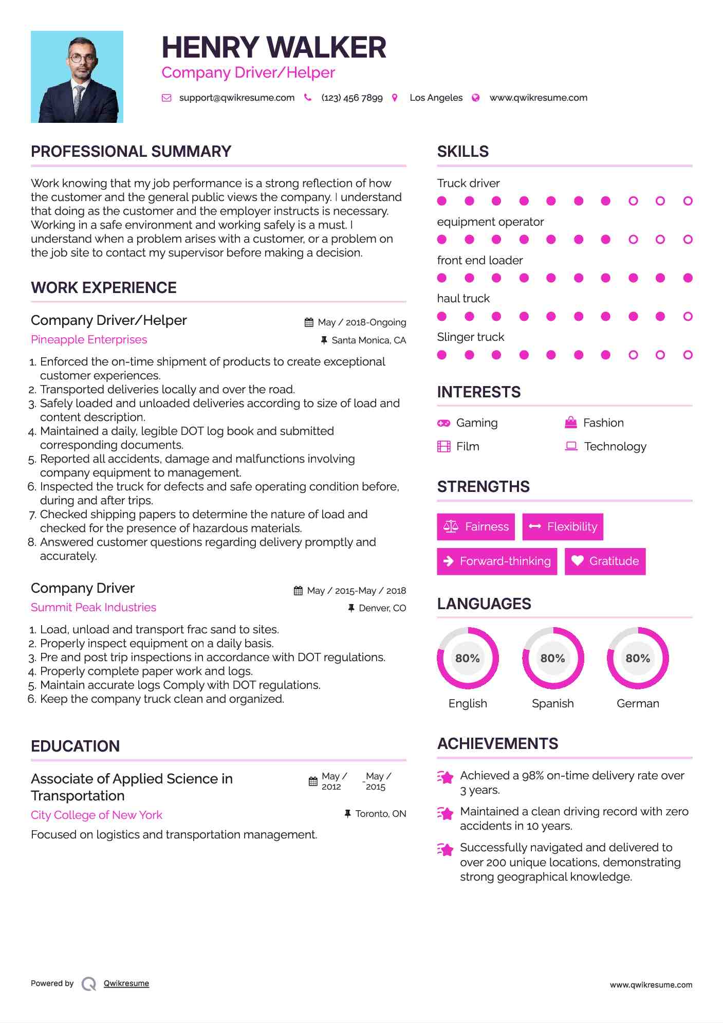 Company Driver Resume Samples QwikResume