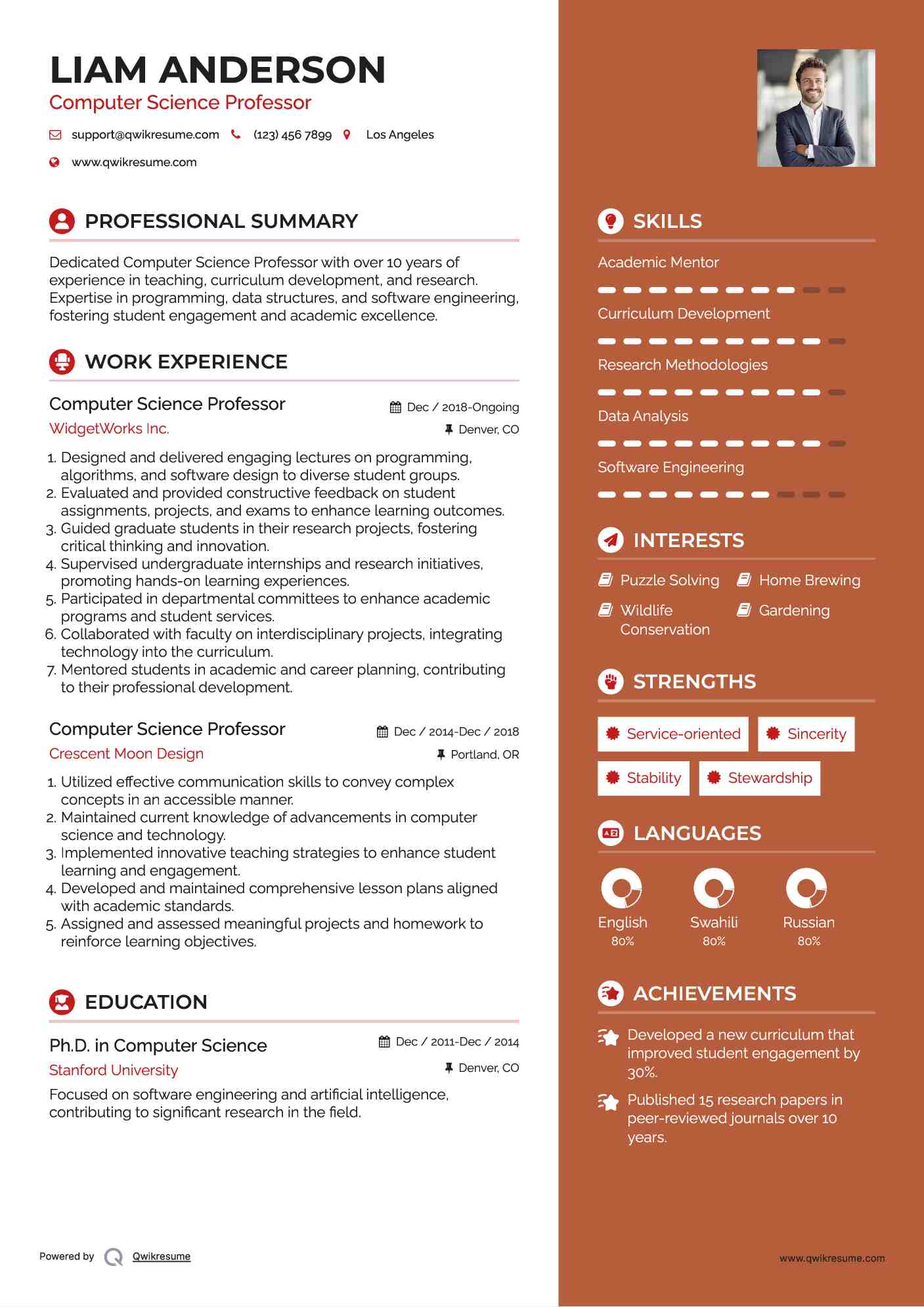 Computer Science Professor Resume Samples QwikResume