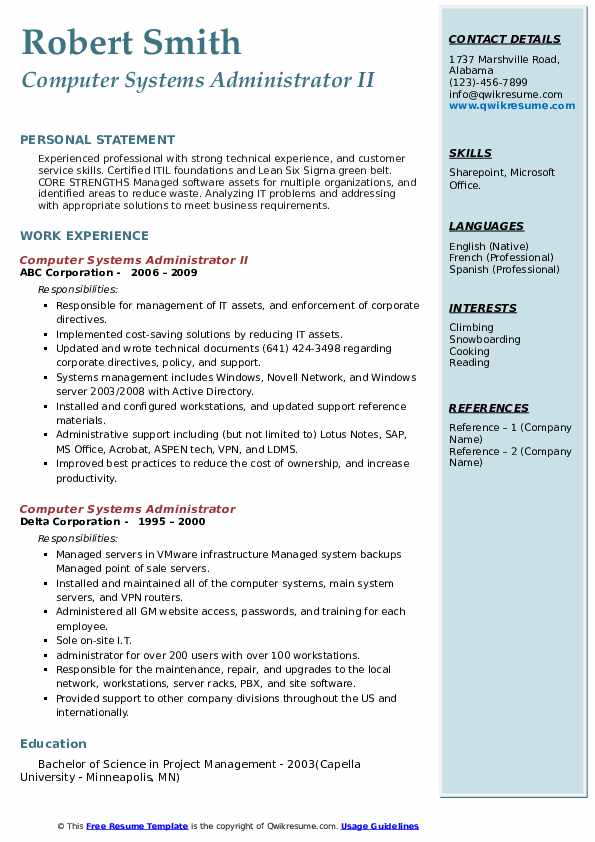 Computer Systems Administrator Resume Samples | QwikResume