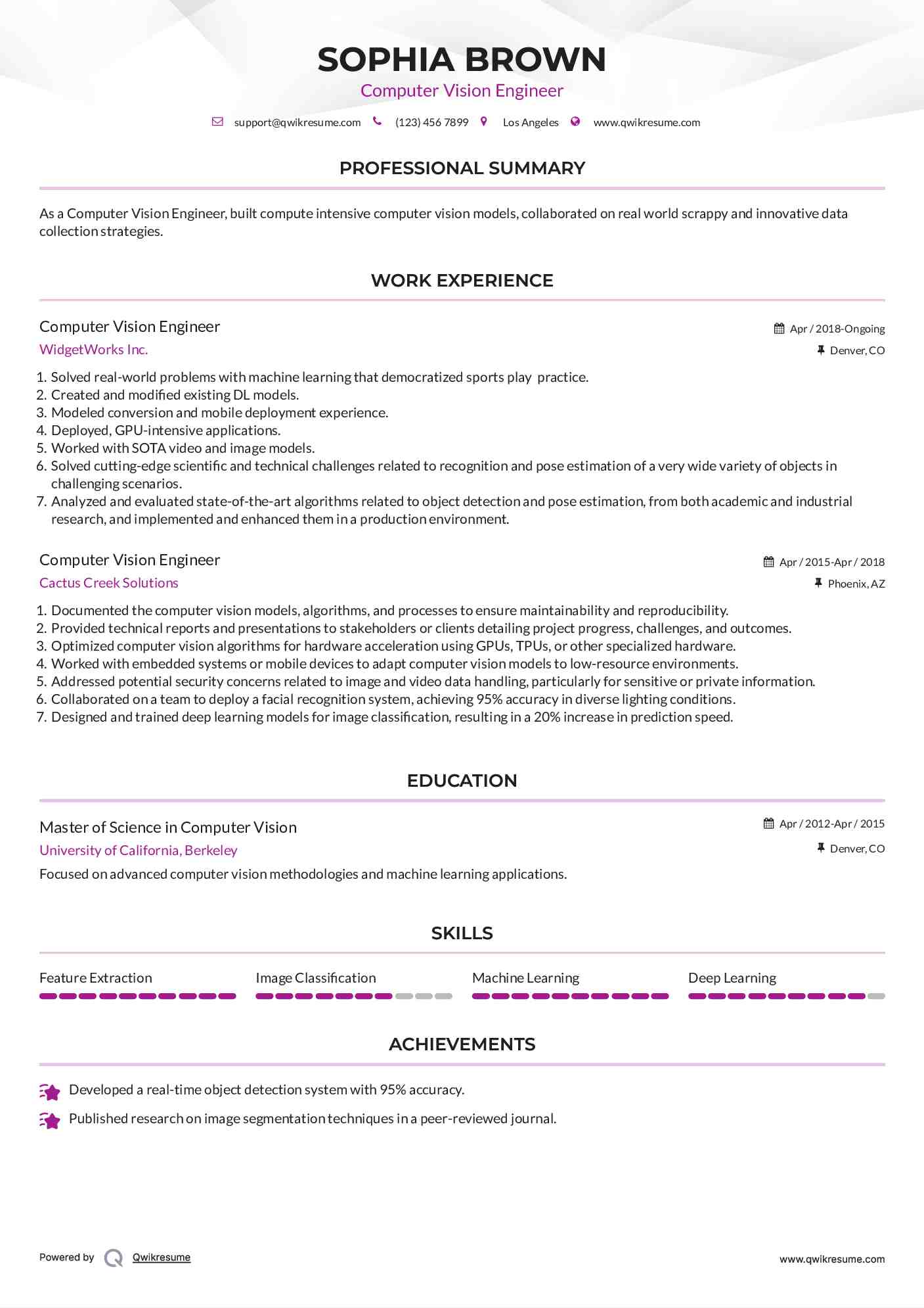 10+ Computer Vision Engineer Resume Samples & Templates for 2025