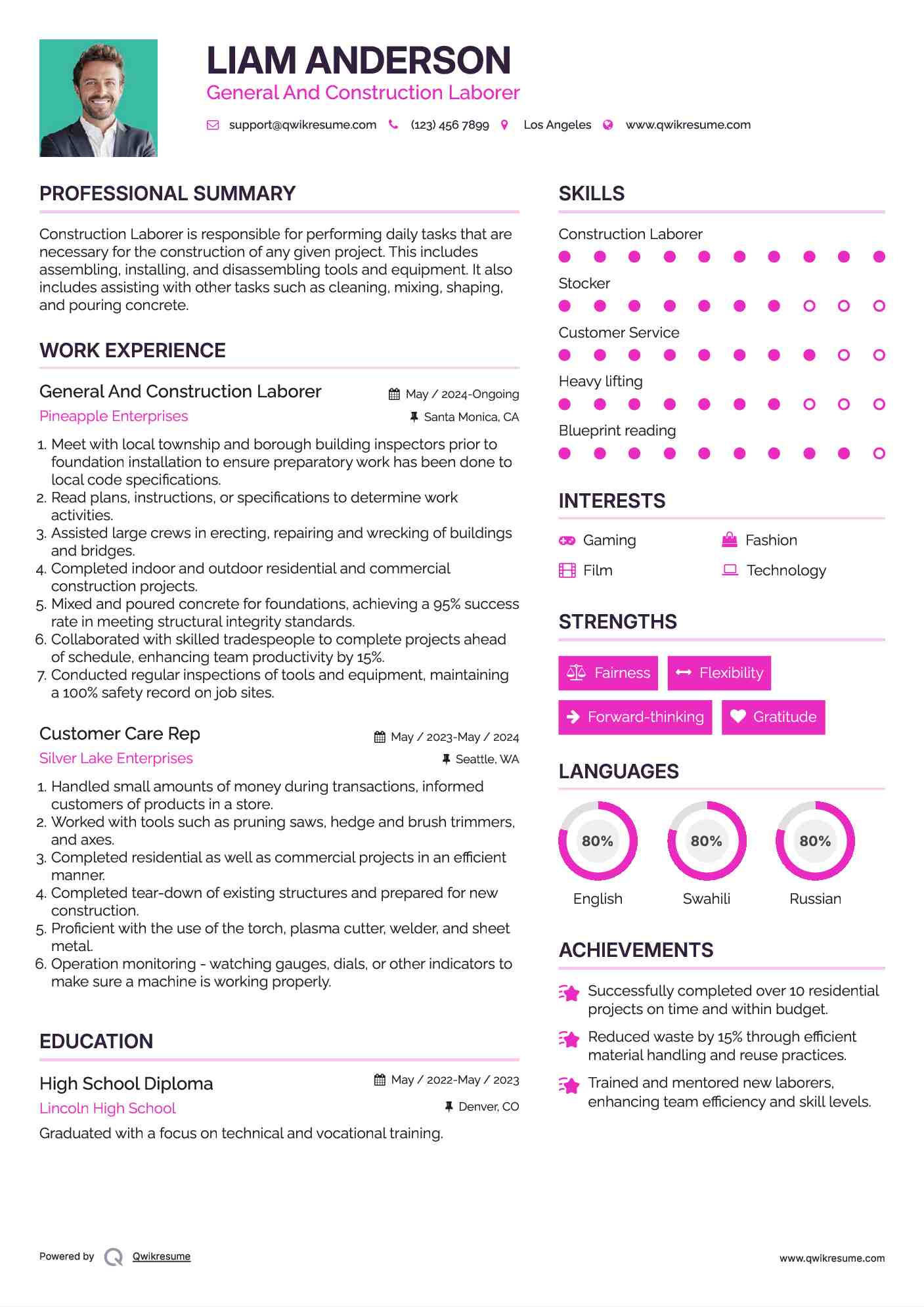 Construction Laborer Resume Samples QwikResume
