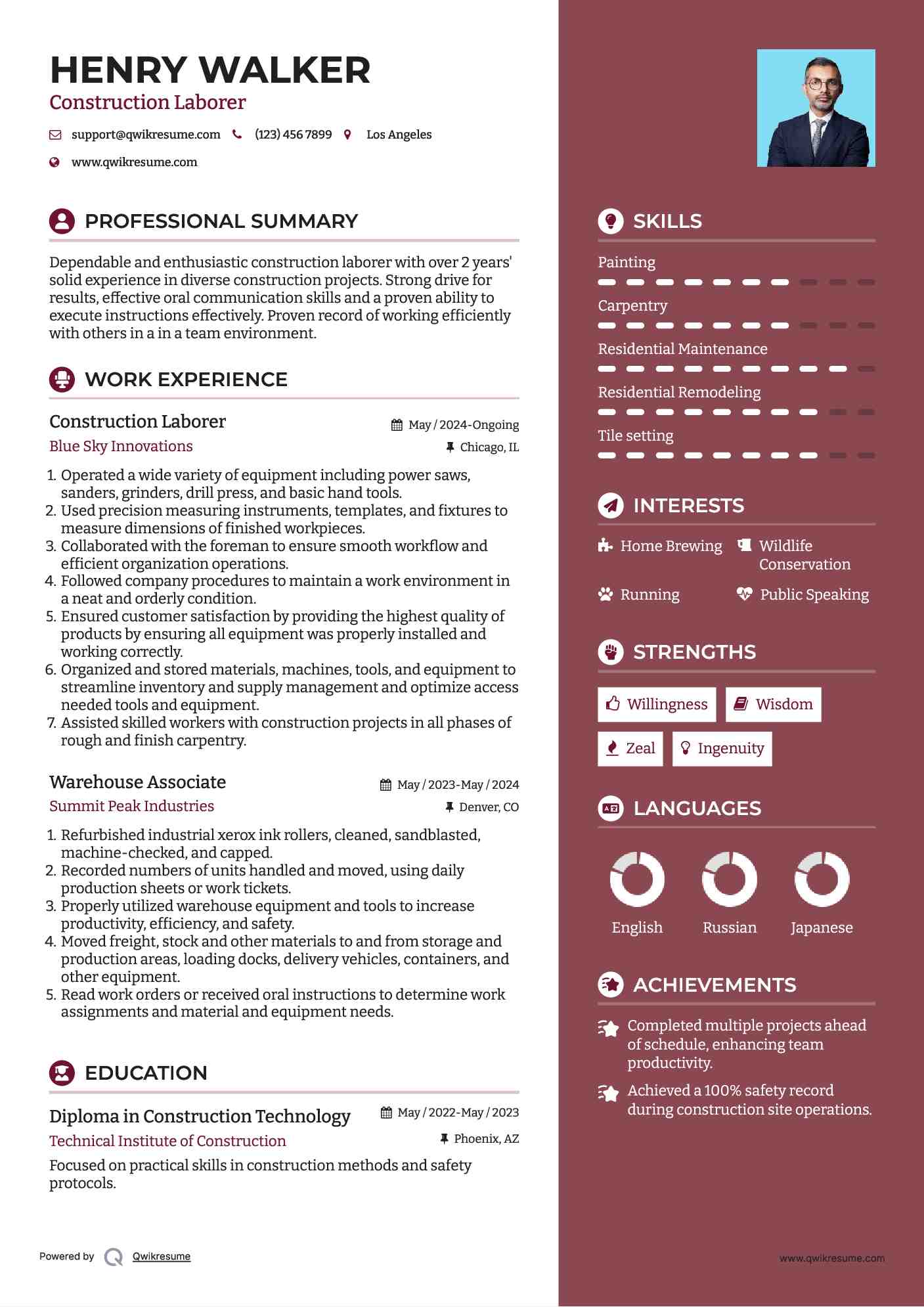 Construction Laborer Resume Samples QwikResume