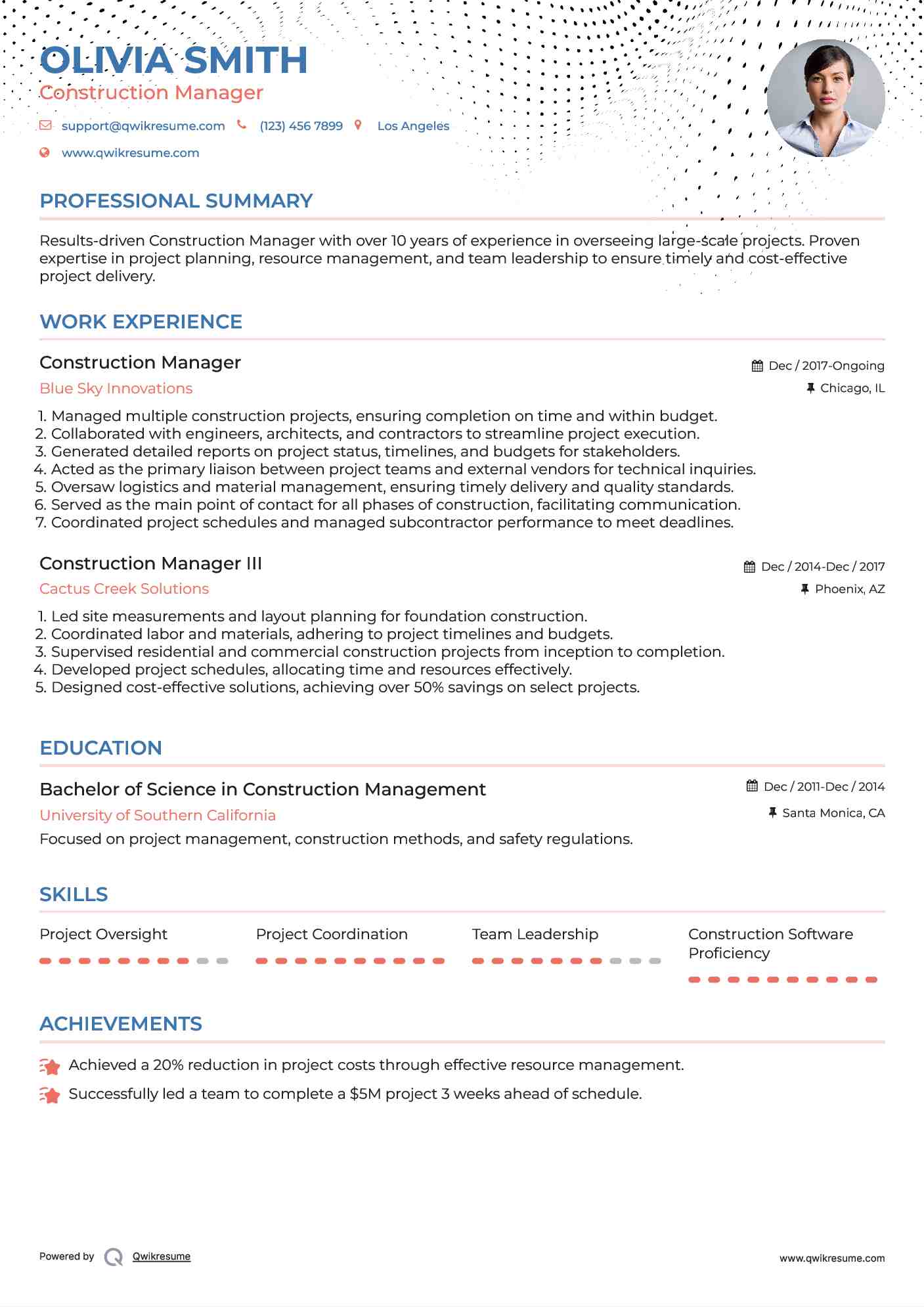 Construction Manager Resume Samples QwikResume