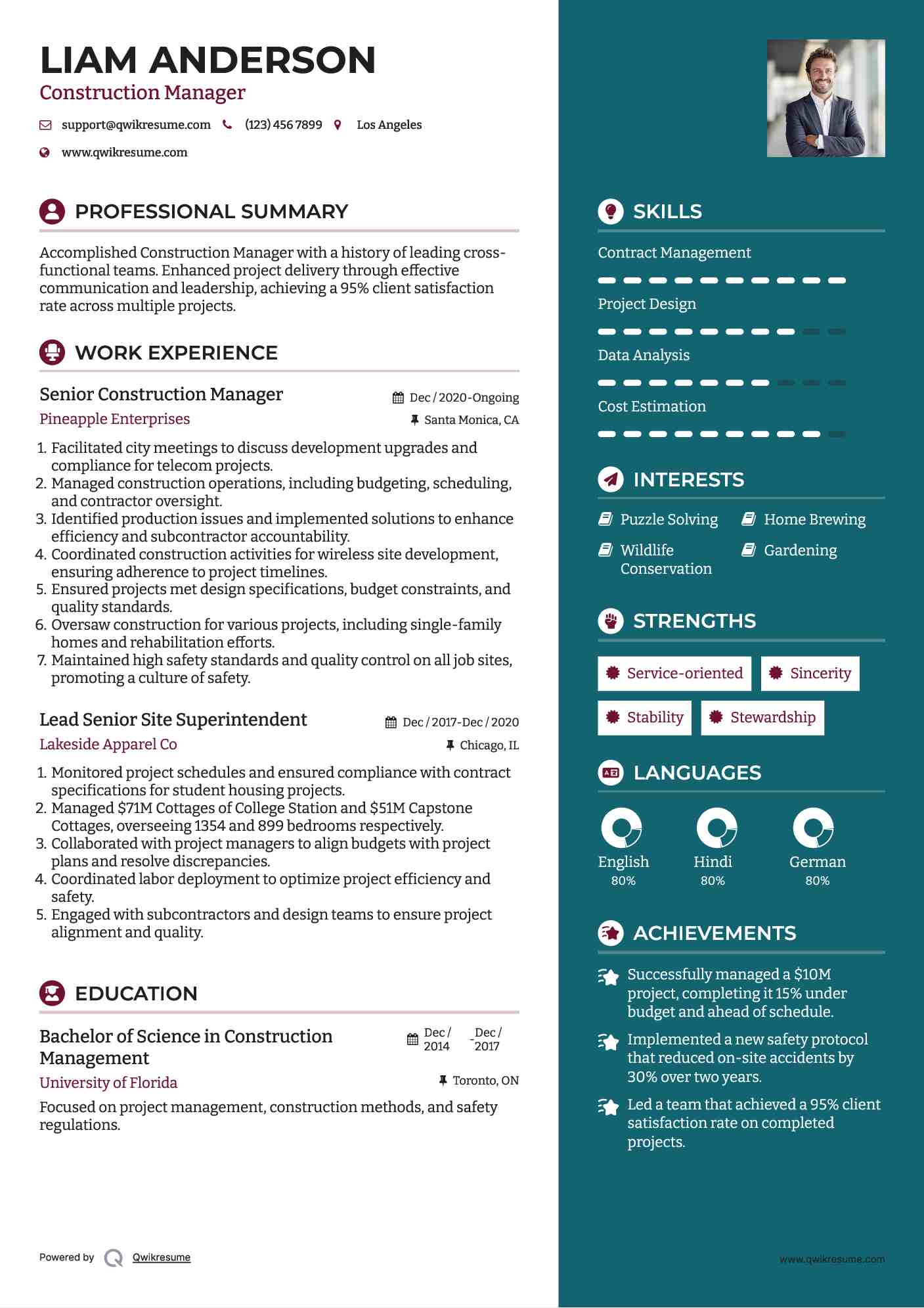 Construction Project Manager Resume Sample Master Of Template Document
