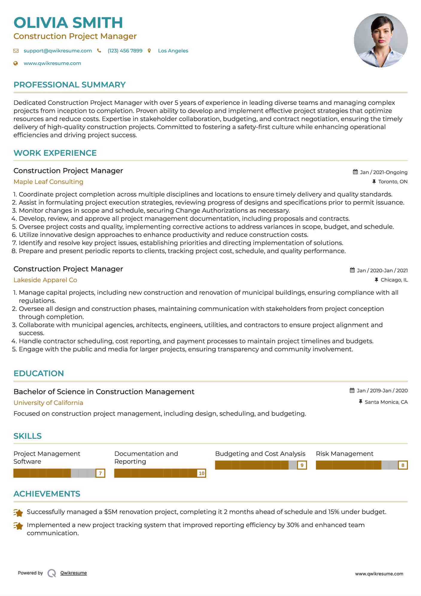 Construction Project Manager Resume Samples QwikResume