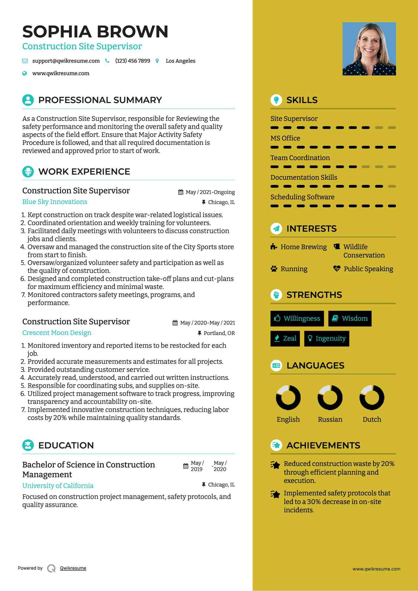 Construction Site Supervisor Resume Samples QwikResume