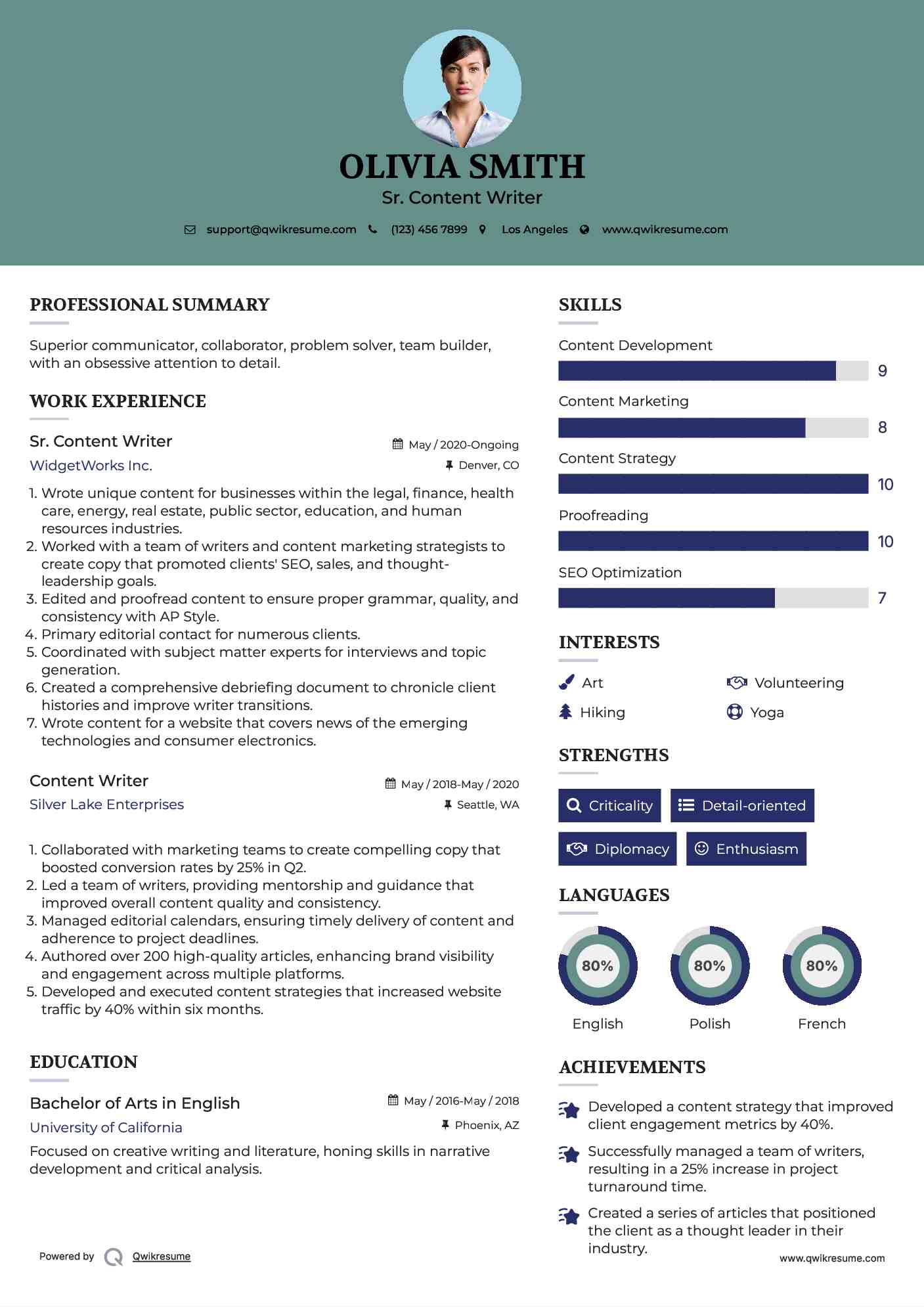 Content Writer Resume Samples QwikResume