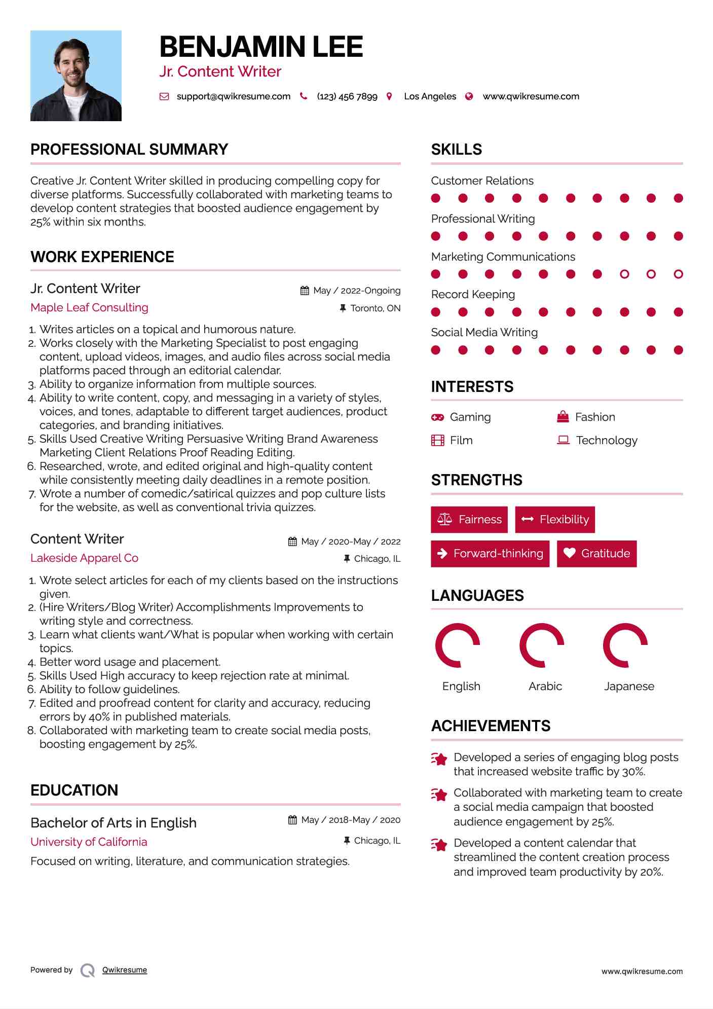 Content Writer Resume Samples QwikResume