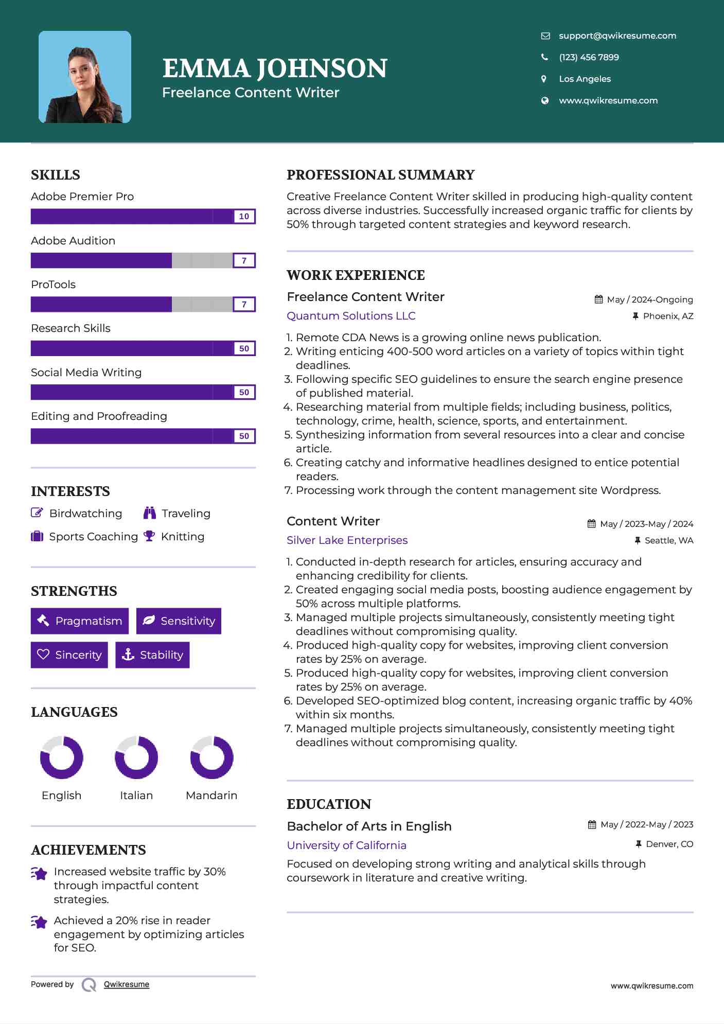 Content Writer Resume Samples QwikResume