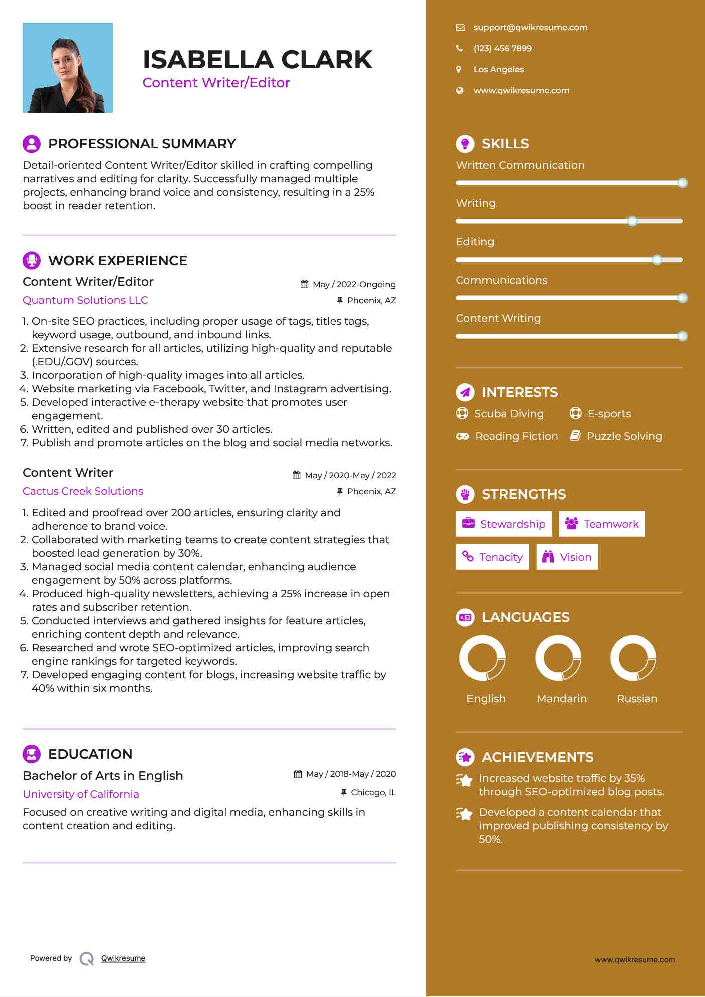 Content Writer Resume Samples QwikResume