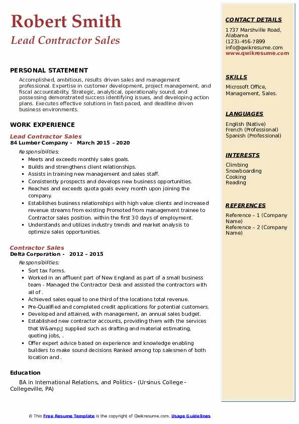 Construction Sales Representative Resume