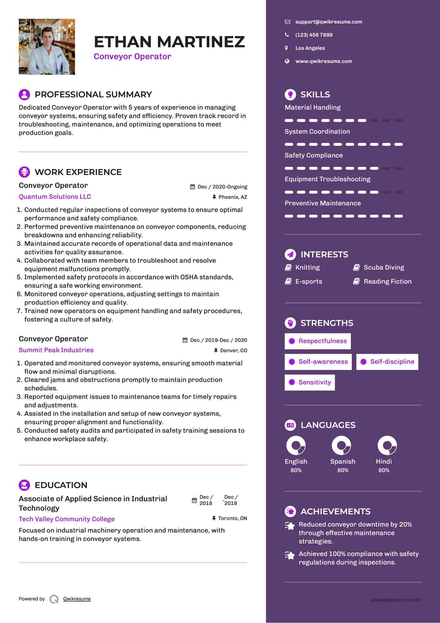 Conveyor Operator Resume Samples | QwikResume