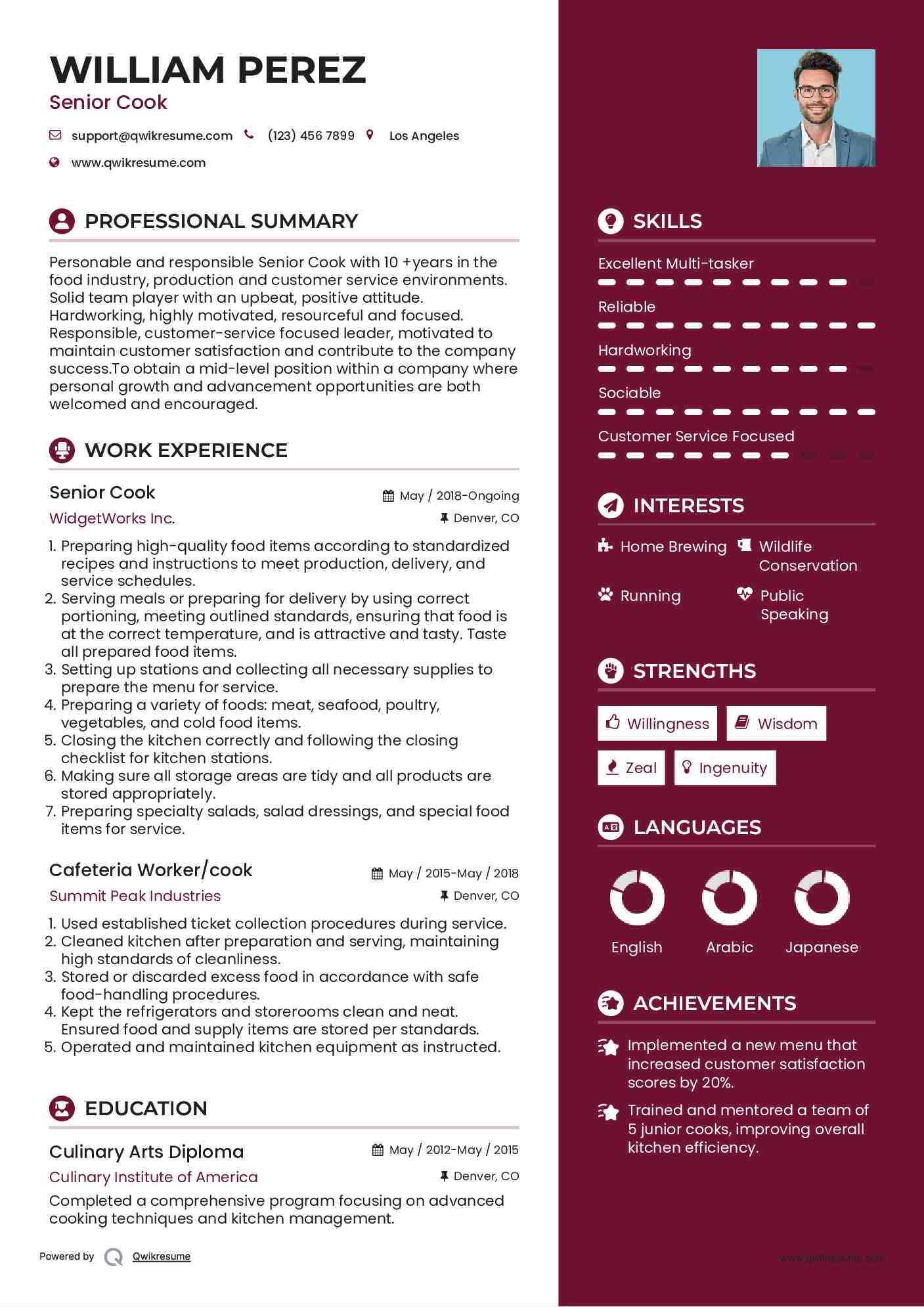 Cook Resume Samples QwikResume