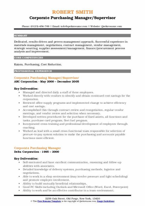 Corporate Purchasing Manager Resume Samples | QwikResume