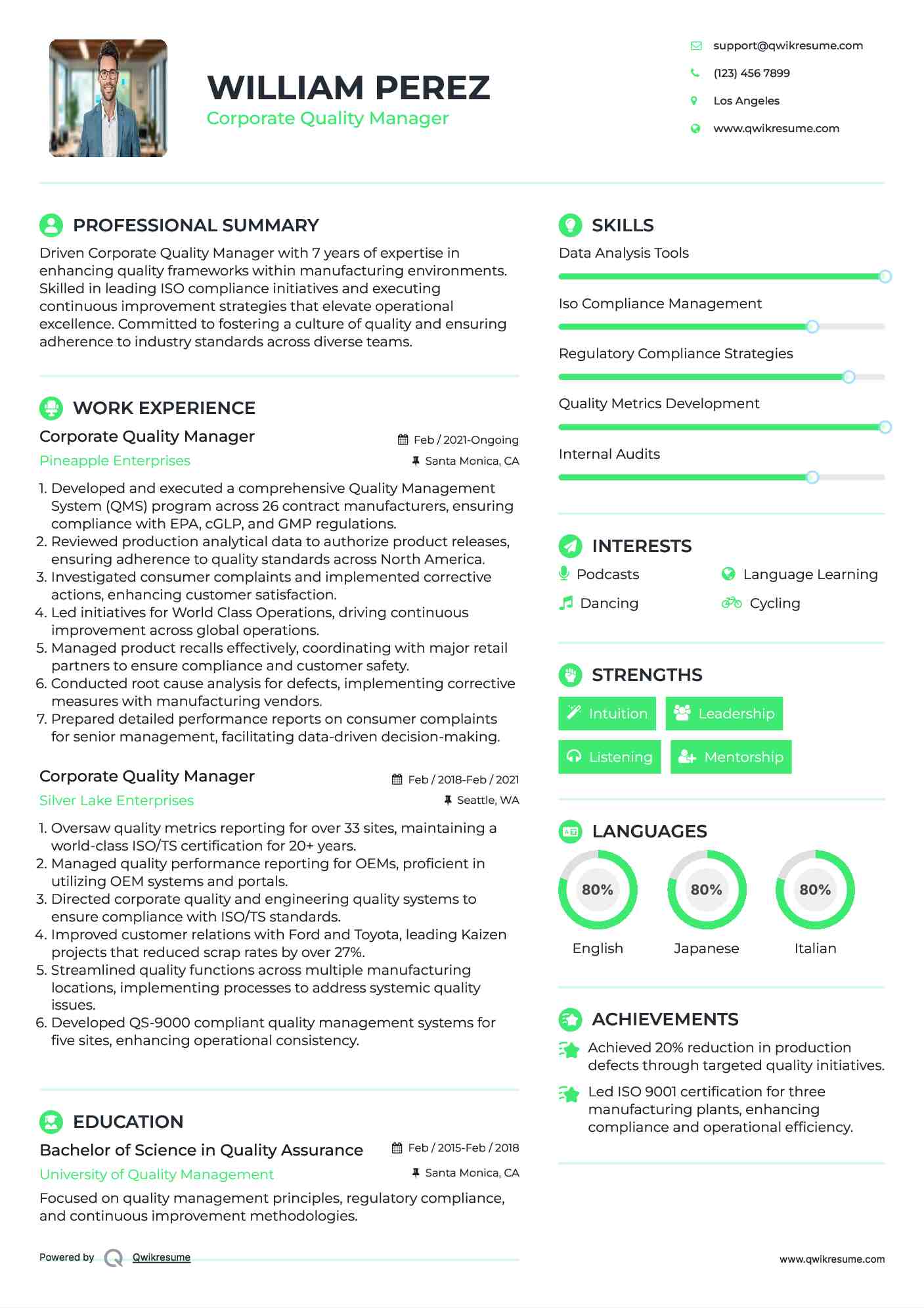 Corporate Quality Manager Resume Samples QwikResume