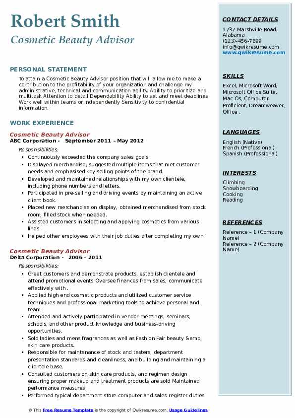 Beauty Advisor Resume Samples | QwikResume