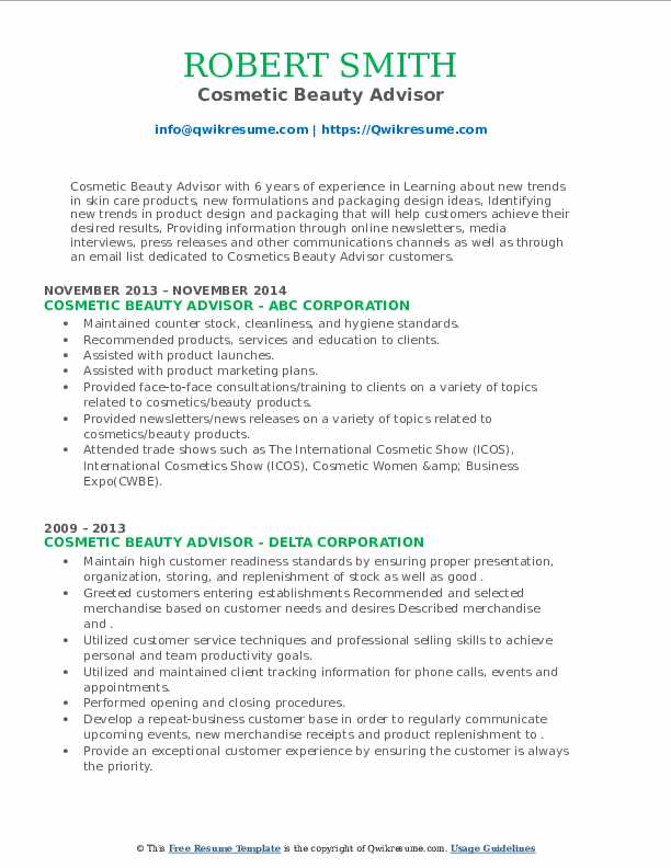 Beauty Advisor Resume Samples | QwikResume