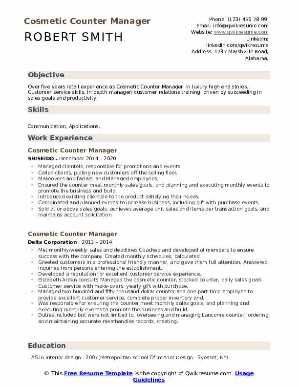 Cosmetic Counter Manager Resume Samples QwikResume