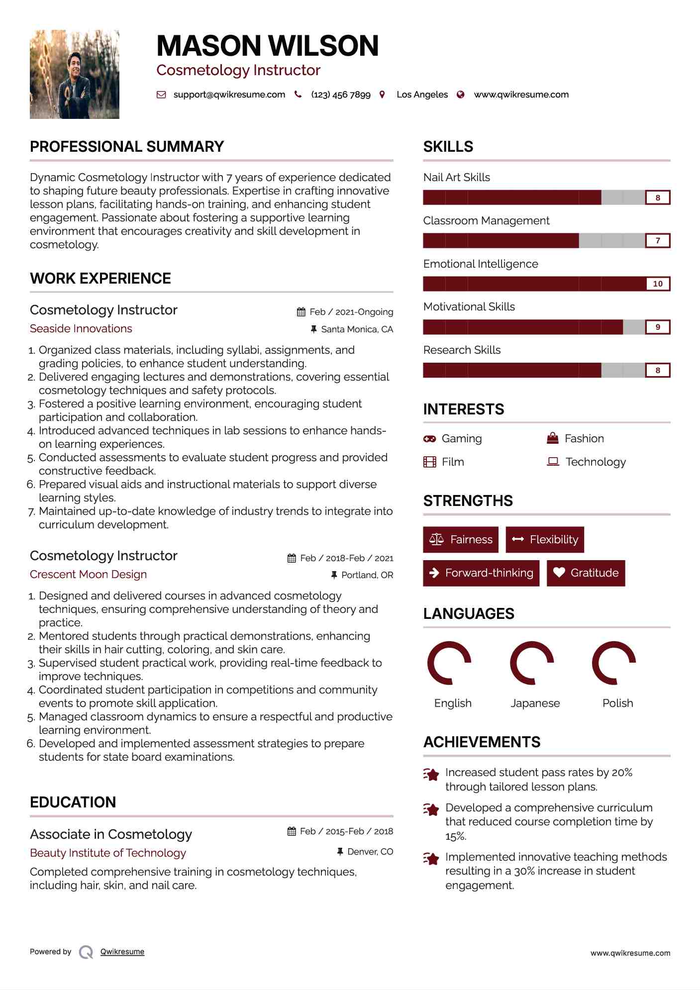 Cosmetology Instructor Resume Samples QwikResume