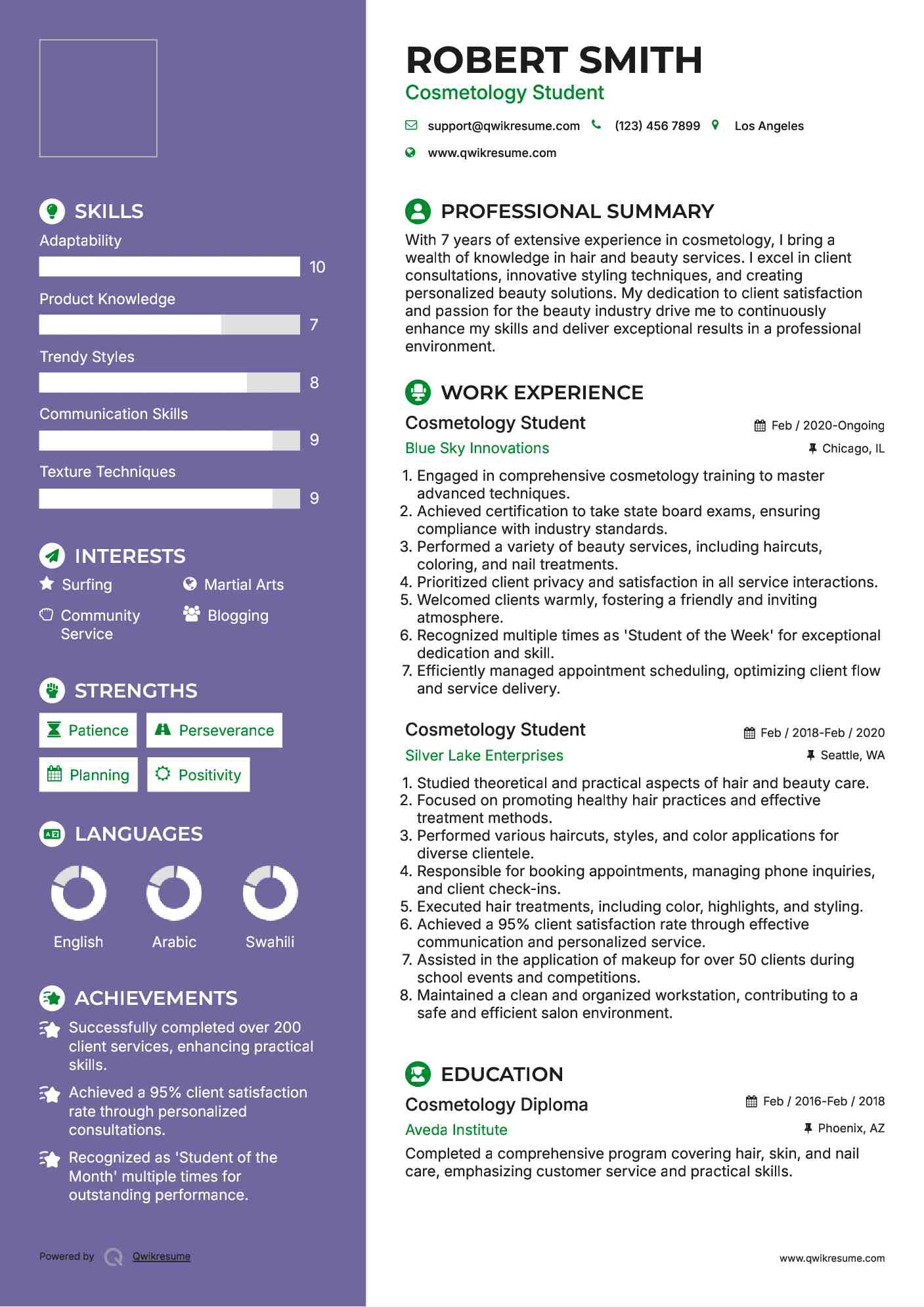 Cosmetology Student Resume Samples QwikResume