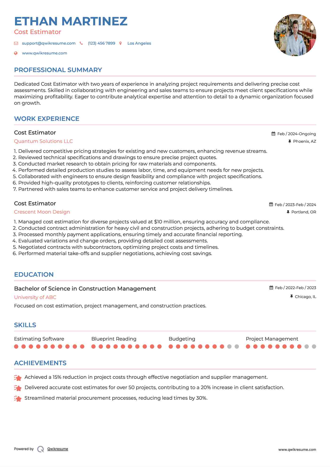 cost-estimator-resume-samples-qwikresume